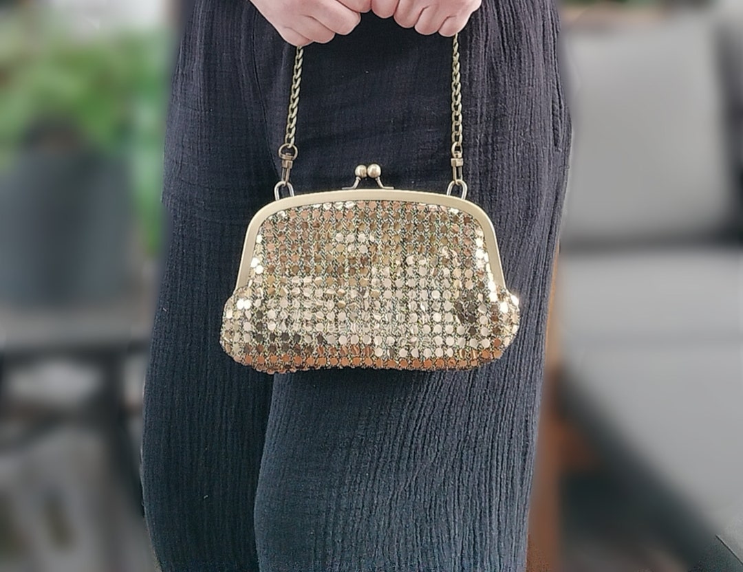 Gold Sparkle Small Metal Kisslock/crossbody Bag/ Handbag/shoulder Bag ...