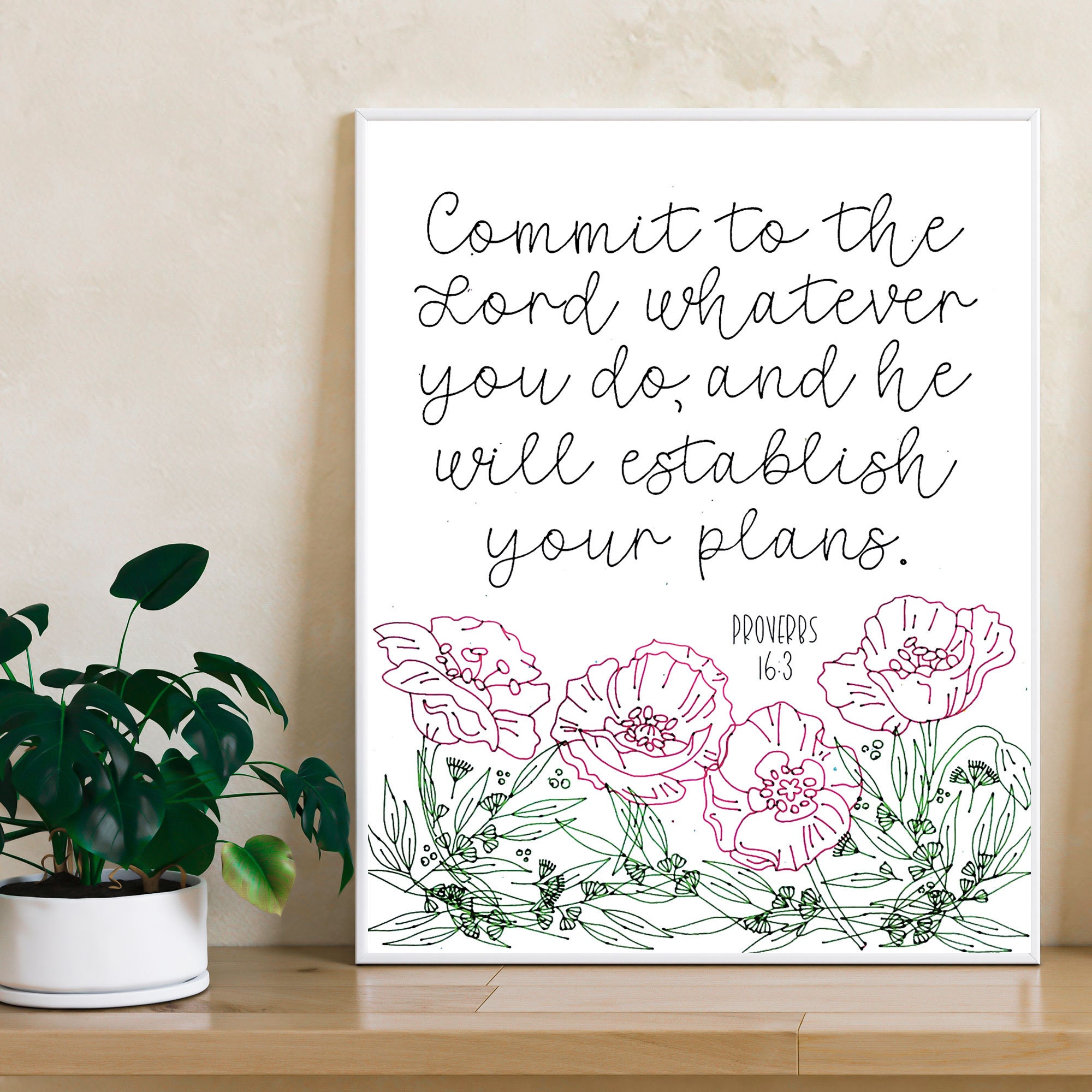 Proverbs 16:3, Red Poppy Bible Verse Pen Print, Commit to the Lord ...