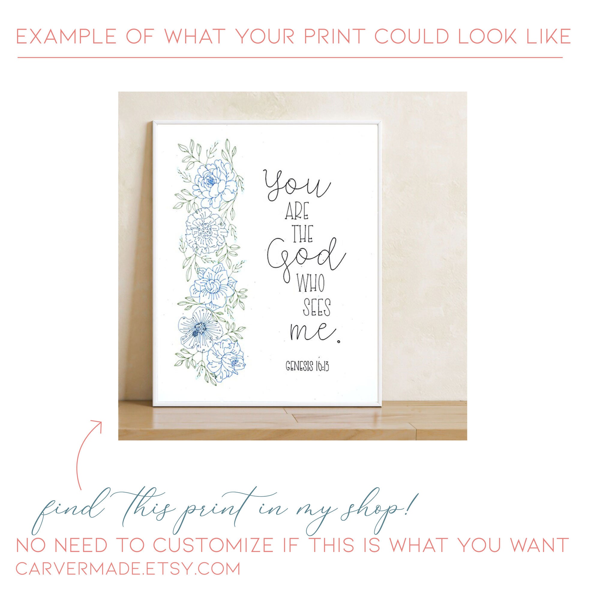 Custom Bible Verse Pen Print, Blue Floral Design, Personalized ...