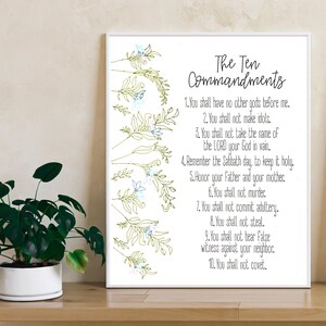 The Ten Commandments, Minimalist Floral Scripture Pen Print, Bible ...