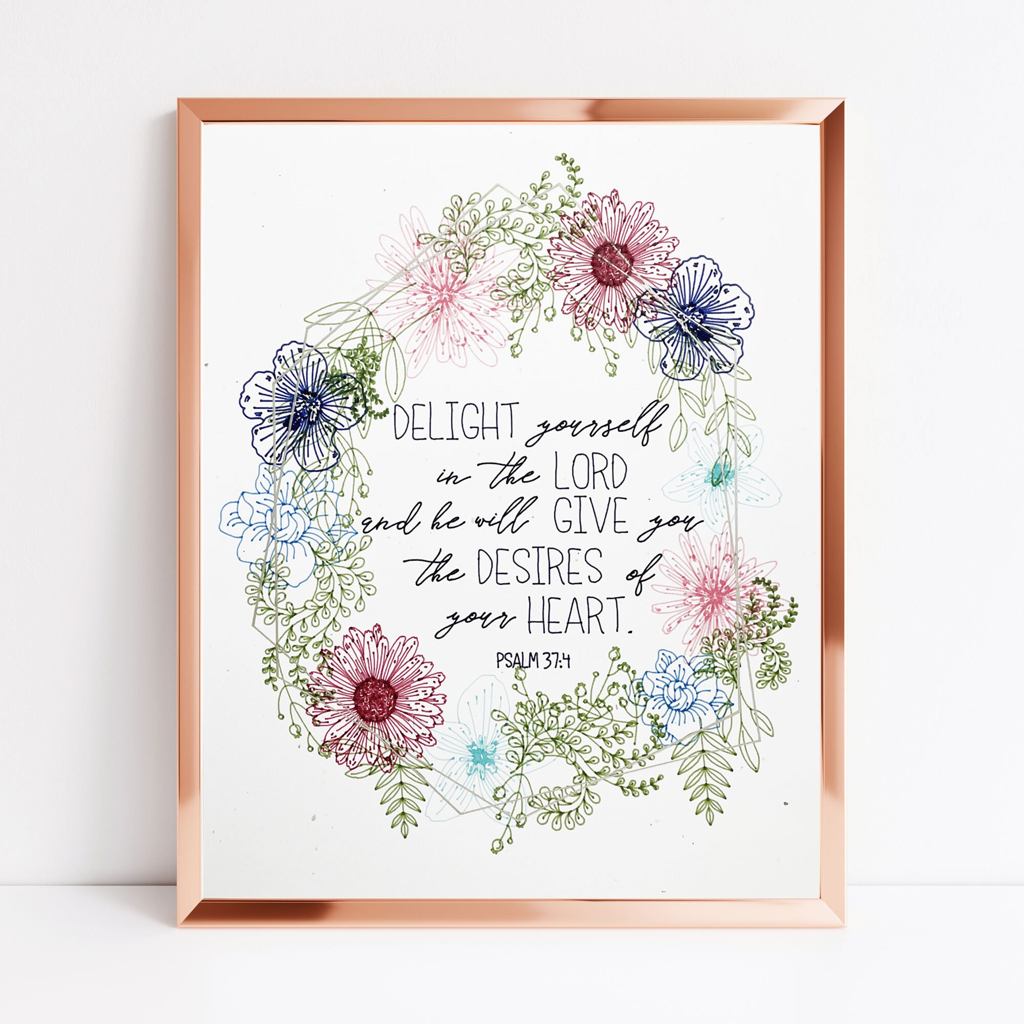 Delight Yourself in the Lord, Psalm 37:4, Bible Verse Pen Print, Floral ...