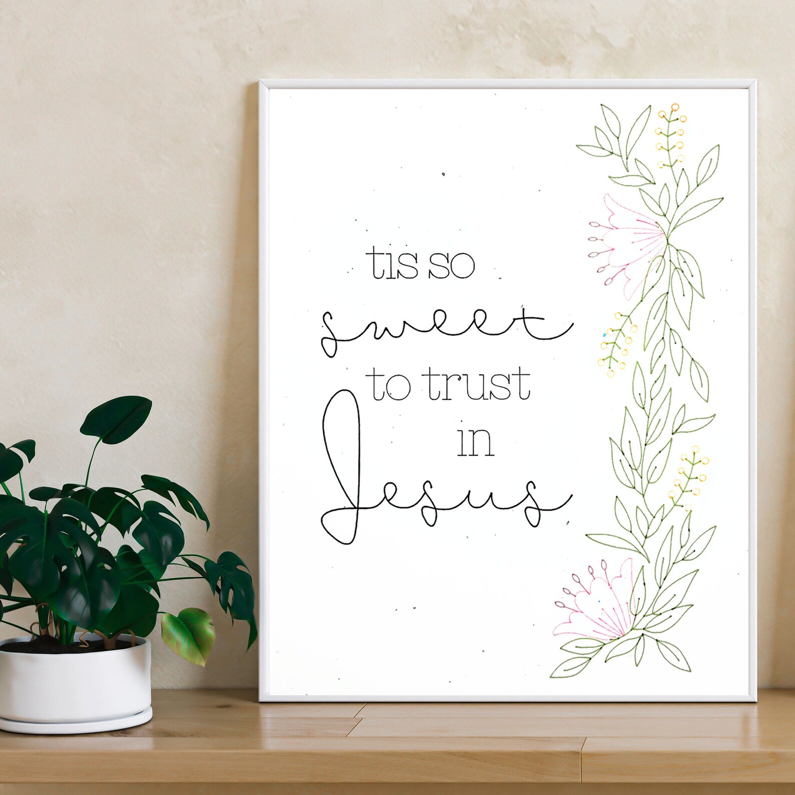 Tis so Sweet to Trust in Jesus, Spring Floral Design, Hymn Pen Print ...