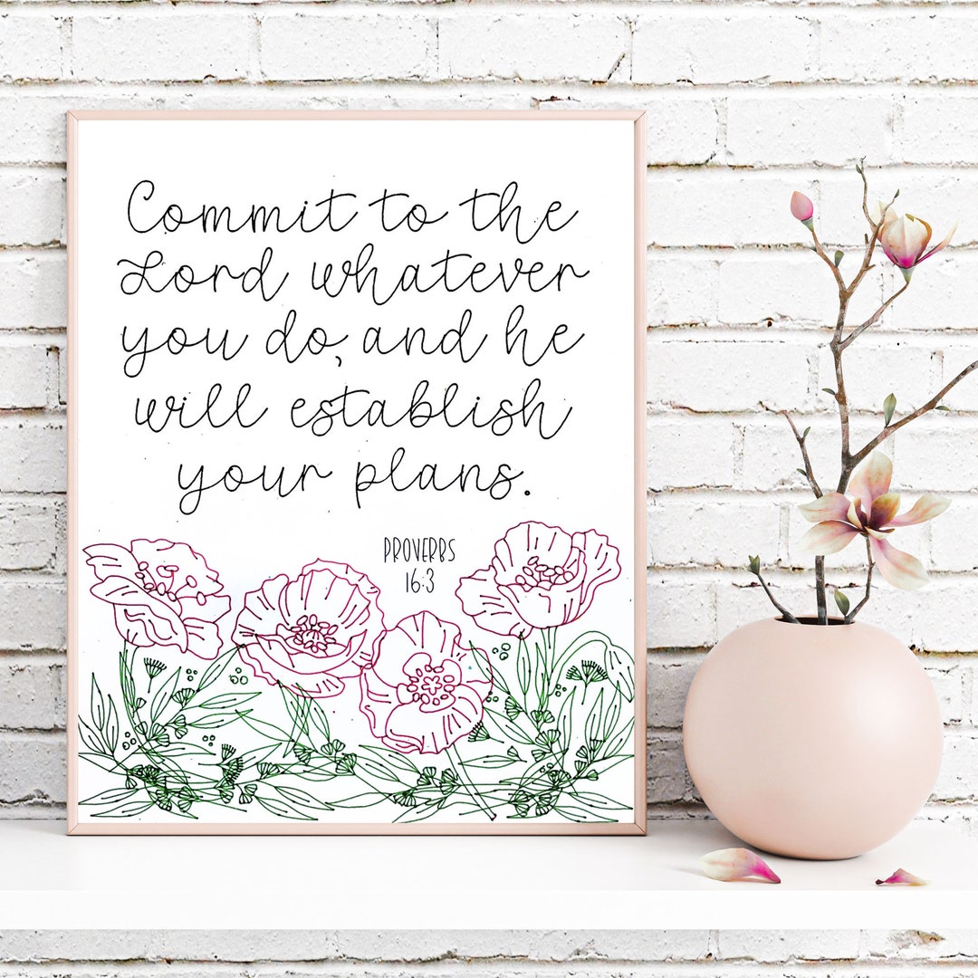 Proverbs 16:3, Red Poppy Bible Verse Pen Print, Commit to the Lord ...