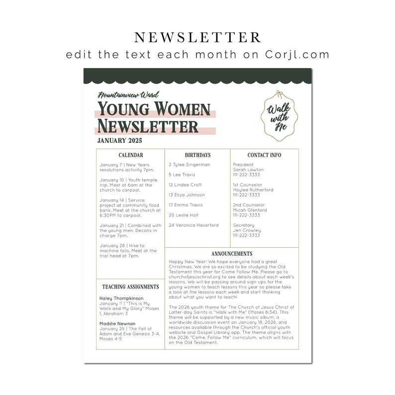 LDS Young Women Newsletter Template 2026 Youth Theme Walk With Me PDF ...