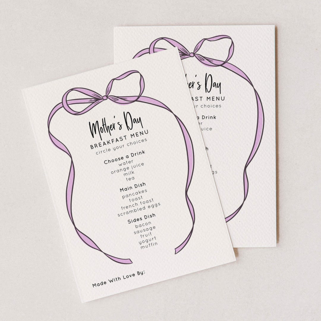 Mother's Day Breakfast Menu Printable Breakfast in Bed Menu Editable ...