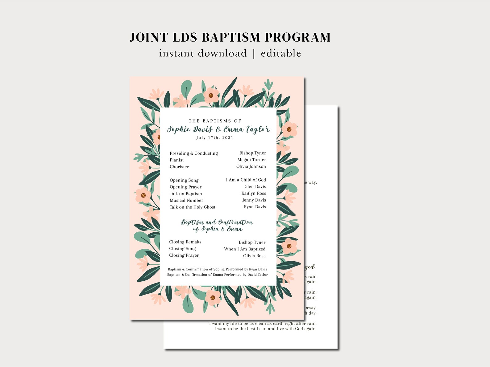 Editable Girl Joint LDS Baptism Program Template Pink Flowers Combined LDS Baptism Printable - Etsy