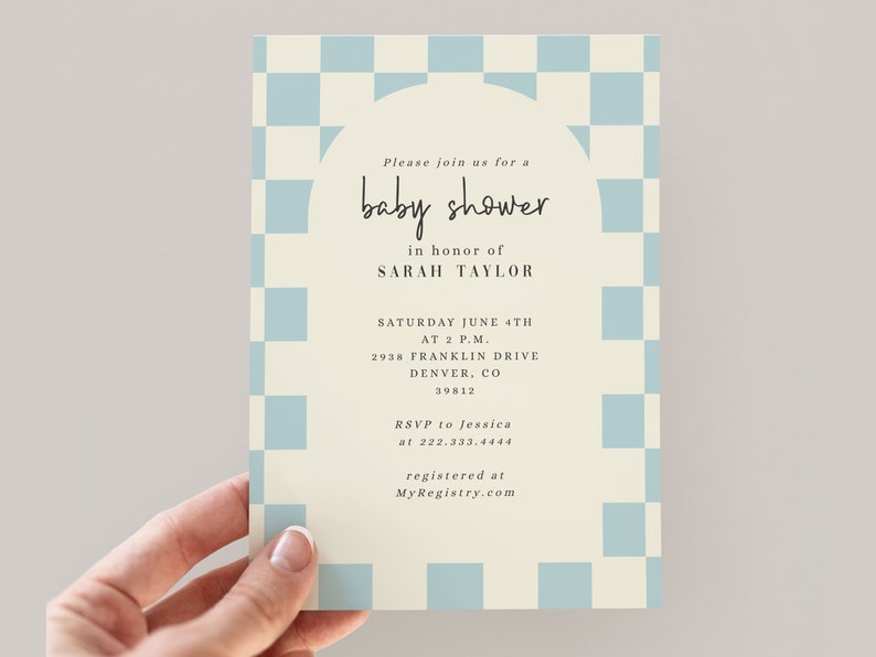 Blue Checker Baby Shower Invitation Retro Checkered Blue Baby Shower ...