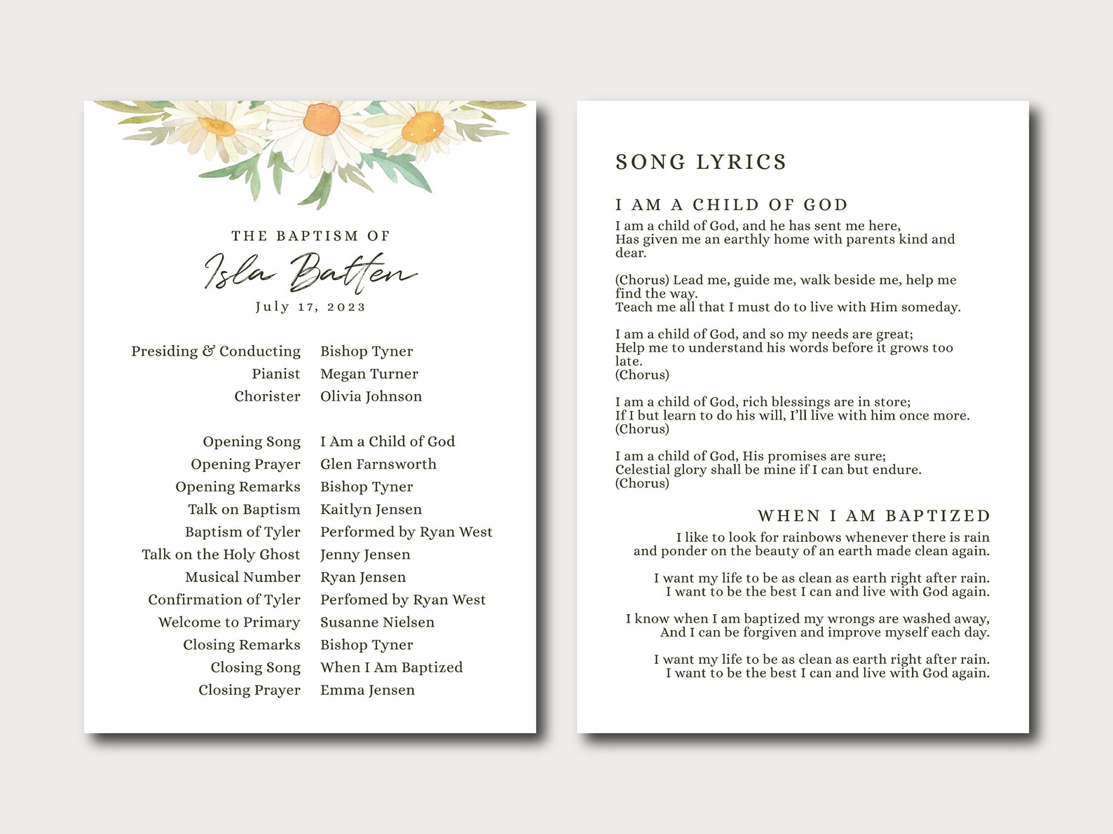 Daisy LDS Baptism Program | Girl Baptism Program Watercolor Daisies ...