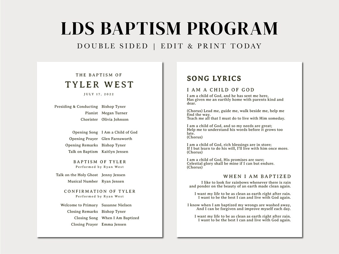Simple Modern Editable LDS Baptism Program Template: 5X7 | Etsy