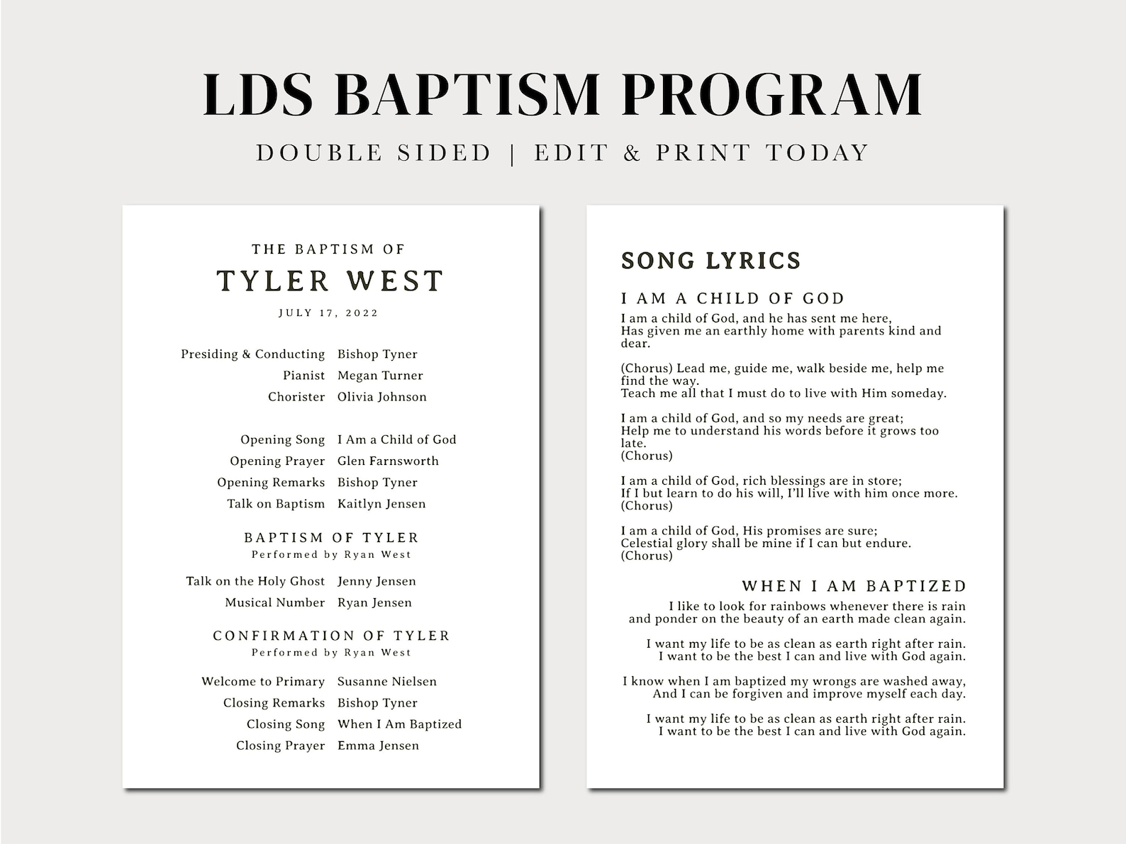 Simple Modern Editable LDS Baptism Program Template: 5X7 | Etsy