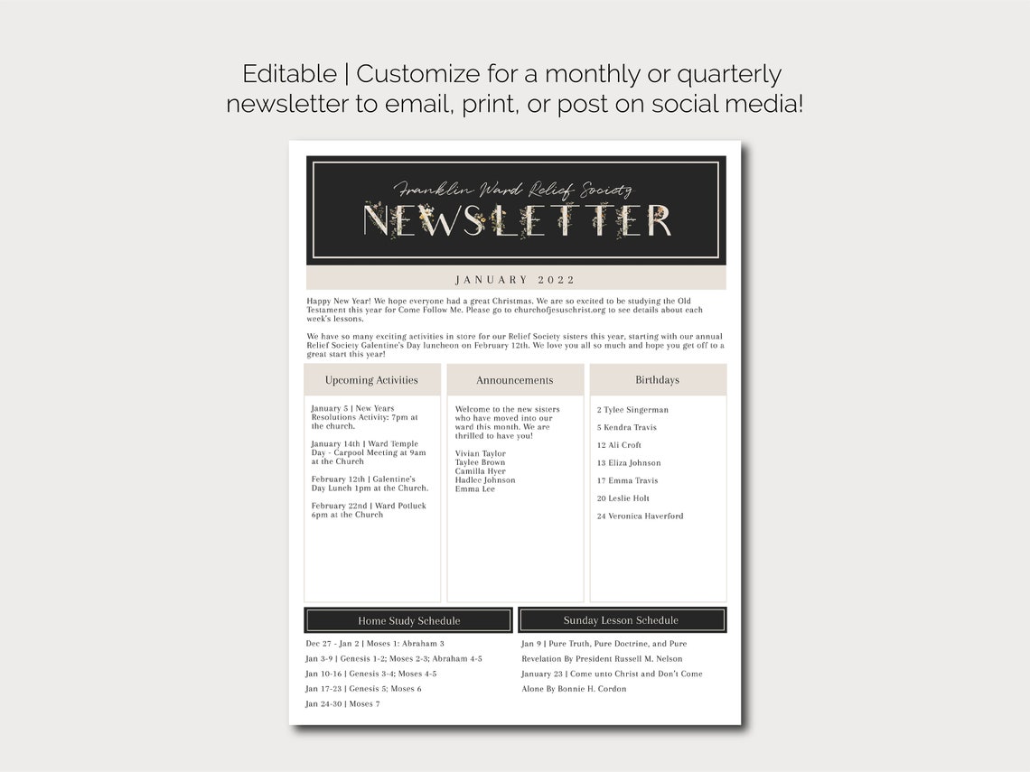 LDS Relief Society Newsletter Template | Printable LDS Newsletter ...