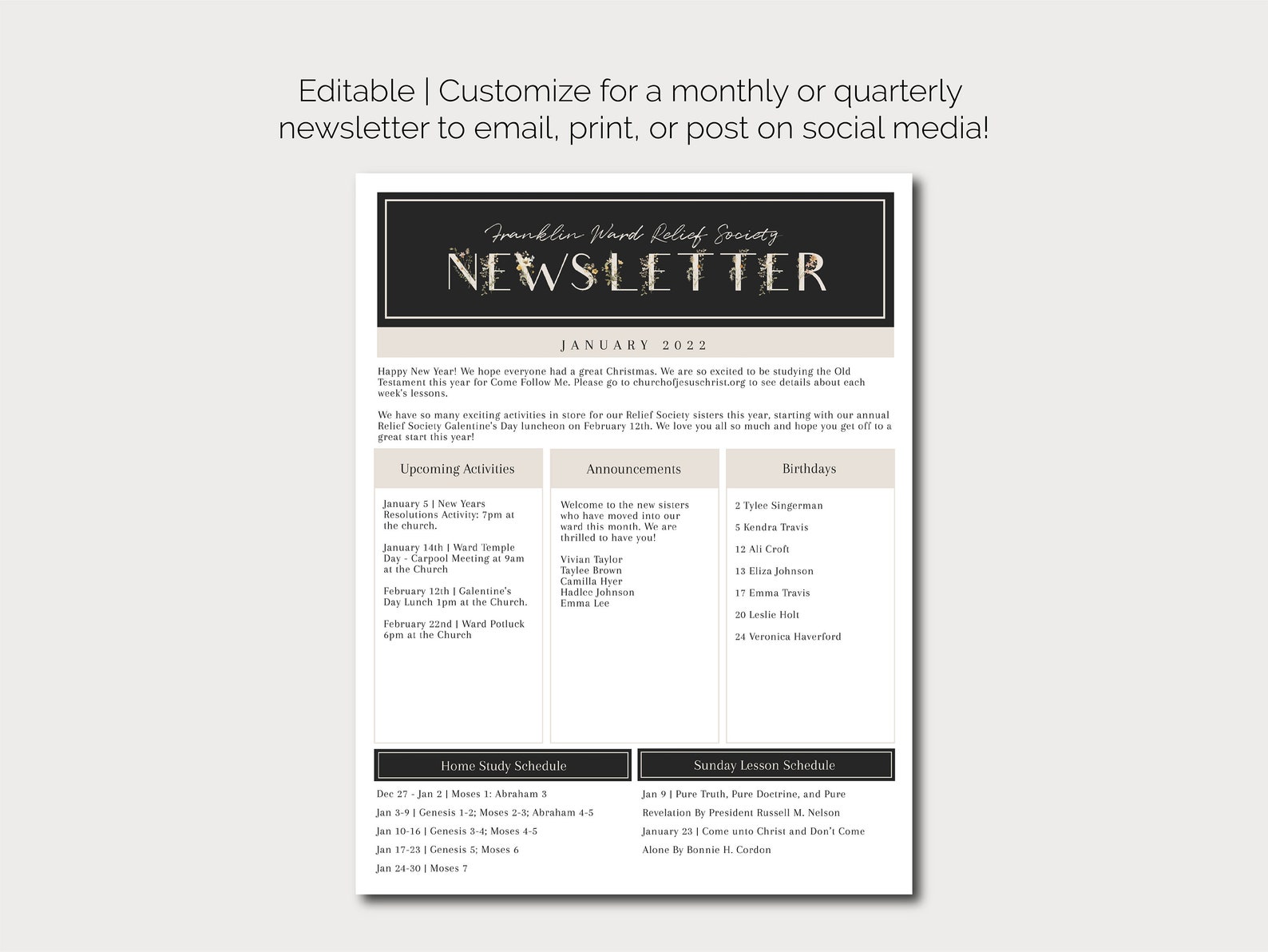 LDS Relief Society Newsletter Template | Printable LDS Newsletter ...
