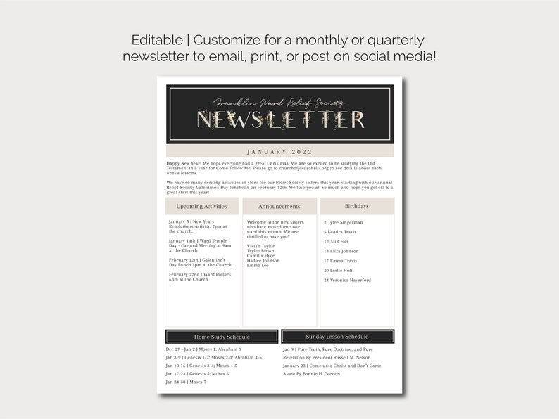 LDS Relief Society Newsletter Template | Printable LDS Newsletter ...