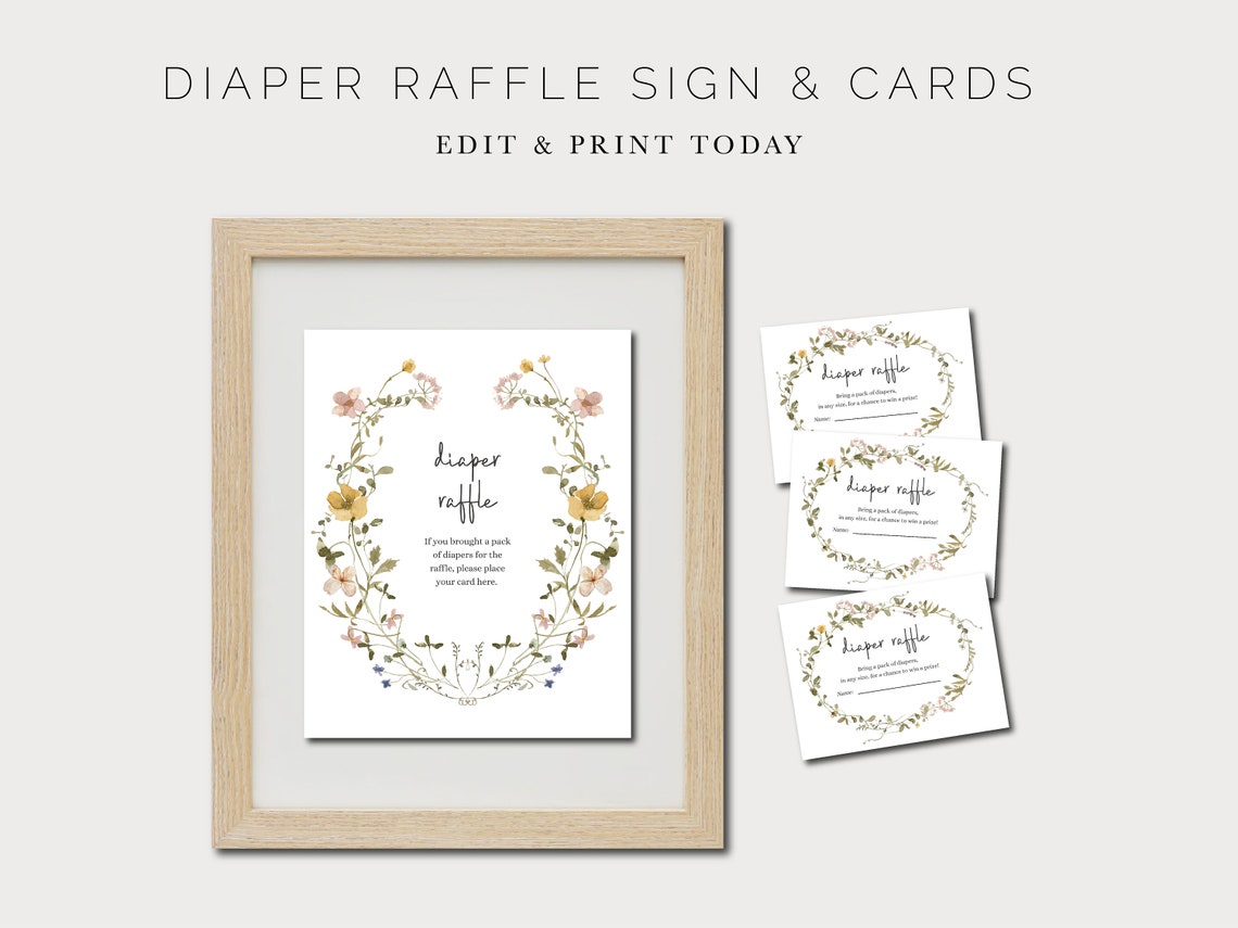 Wildflower Baby Shower Diaper Raffle Sign & Tickets Floral Diaper ...