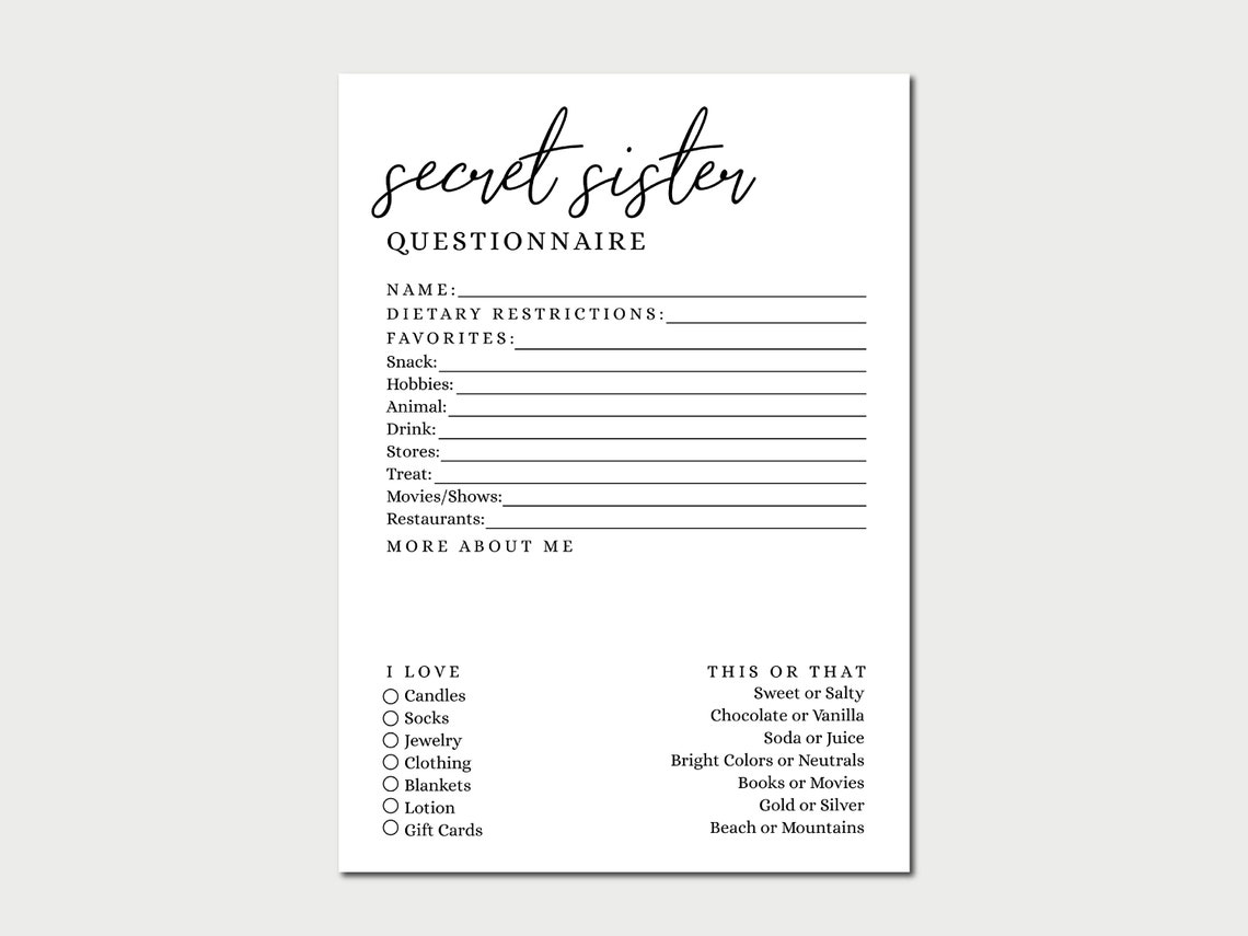 Lds Girls Camp Secret Sister Questionare Secret Sister Etsy