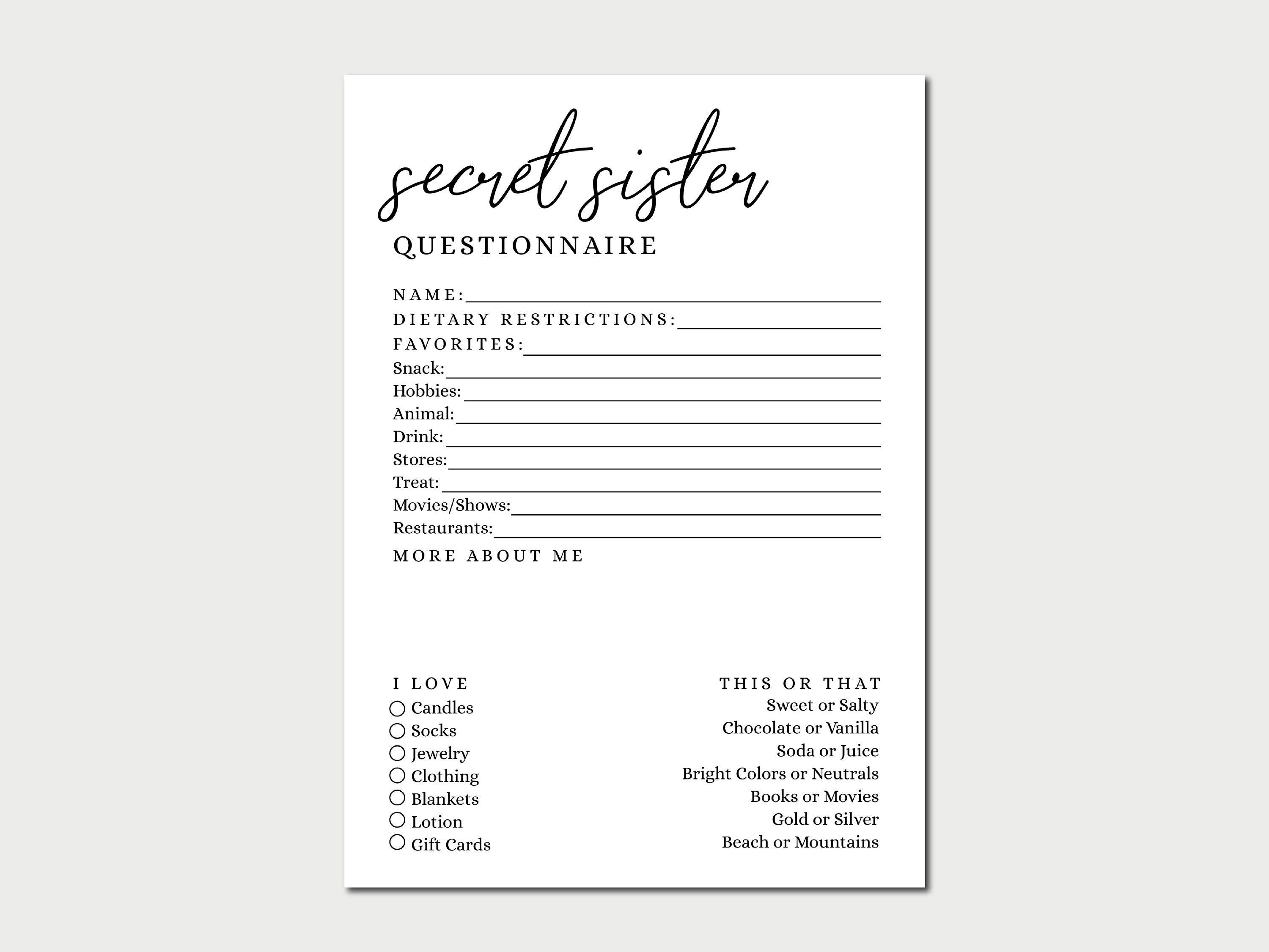 Secret Sister Questionnaire LDS Girls Camp Printable Secret Sister ...