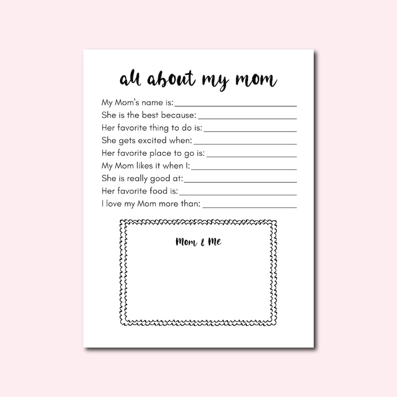 Mother's Day Questionnaire Printable All About My Mom Mothers Day Card ...