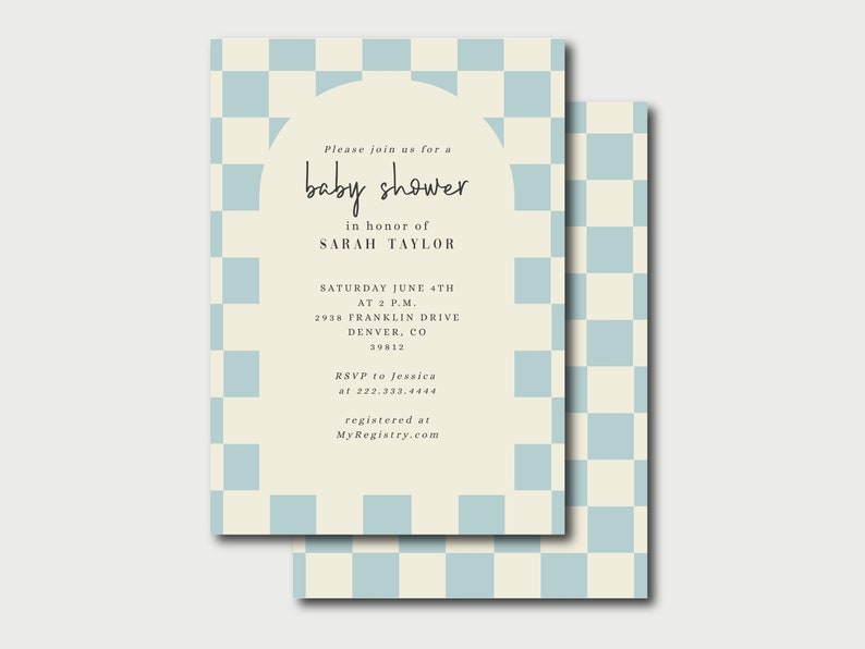 Blue Checker Baby Shower Invitation Retro Checkered Blue Baby Shower ...