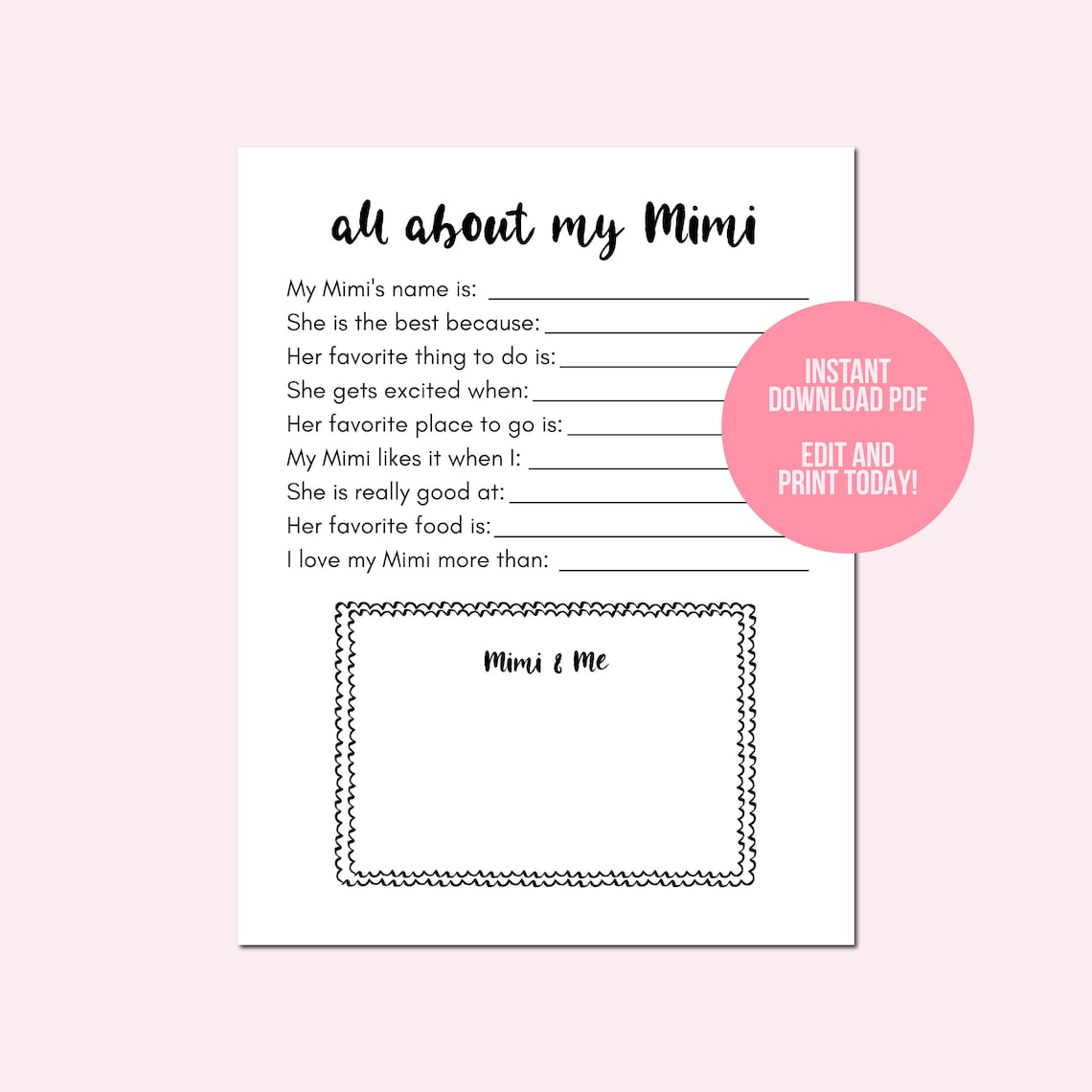 All About Mimi, Mothers Day Gift, All About My Mimi Printable, Mothers ...