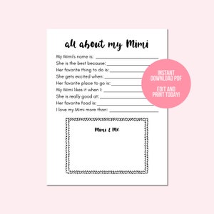 All About Mimi, Mothers Day Gift, All About My Mimi Printable, Mothers ...