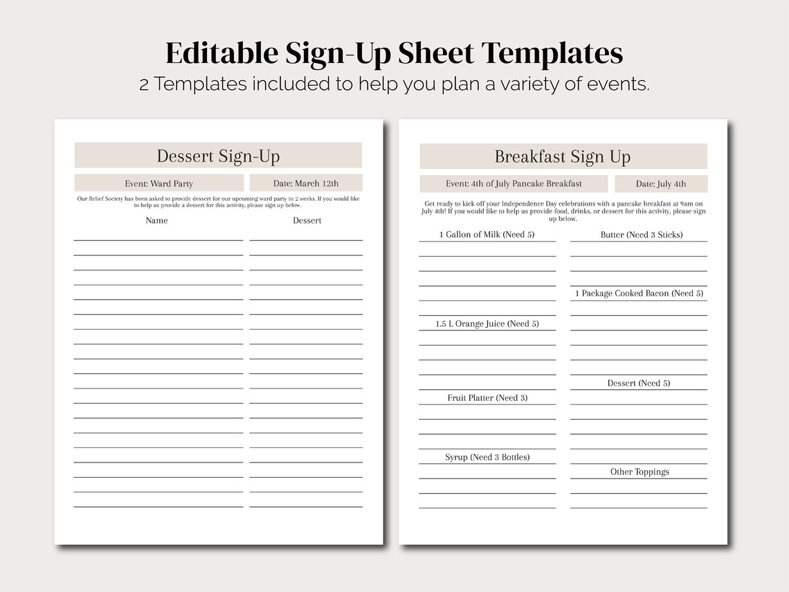Sign up Sheet Template | 2 Sign up Forms | LDS Minimalist Sign up Sheet ...