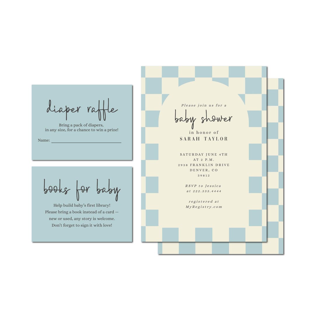 Blue Checker Baby Shower Invitation Retro Checkered Blue Baby Shower ...