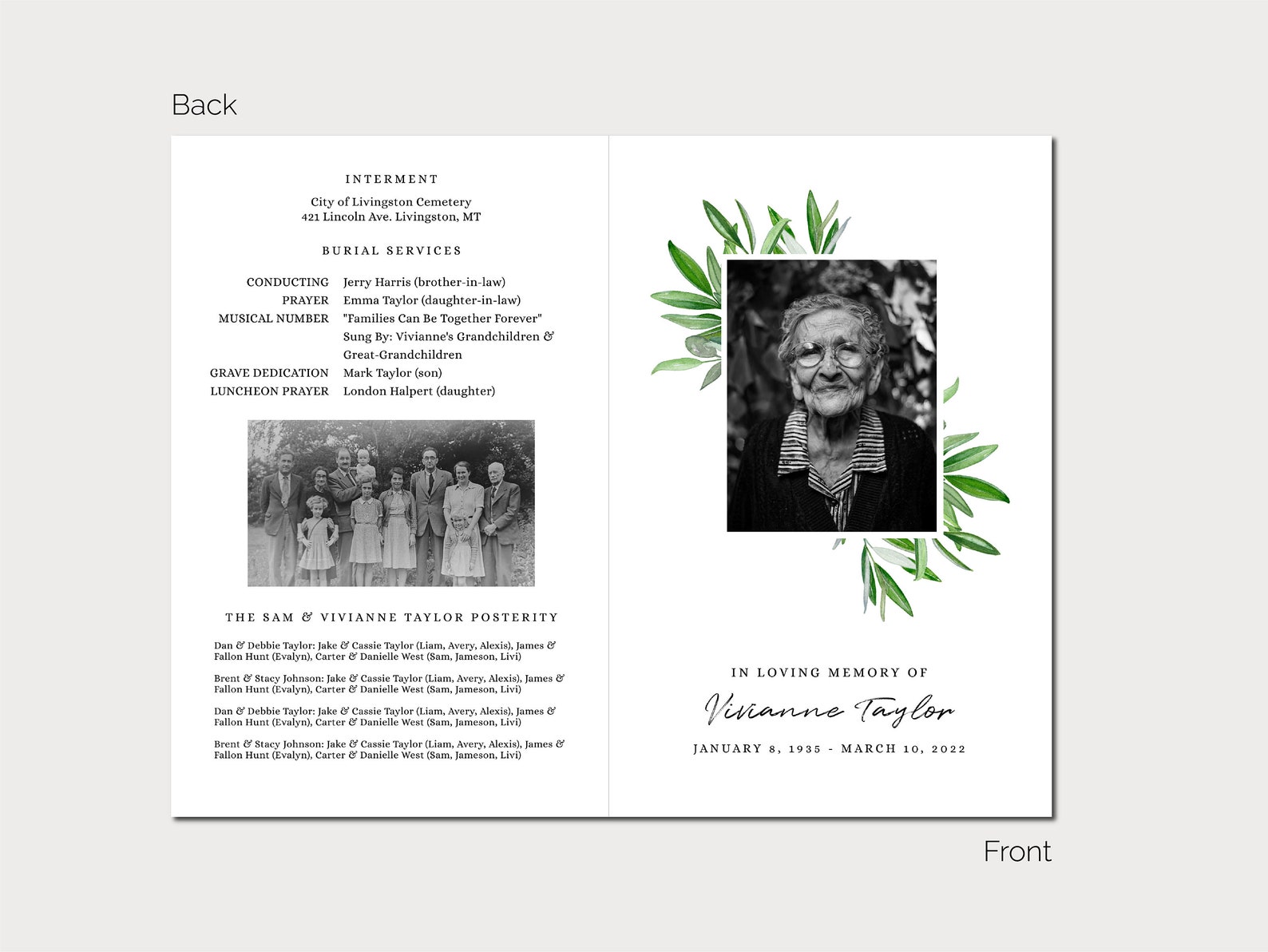 LDS Funeral Program, Greenery Memorial Service Program, Olive Branch ...