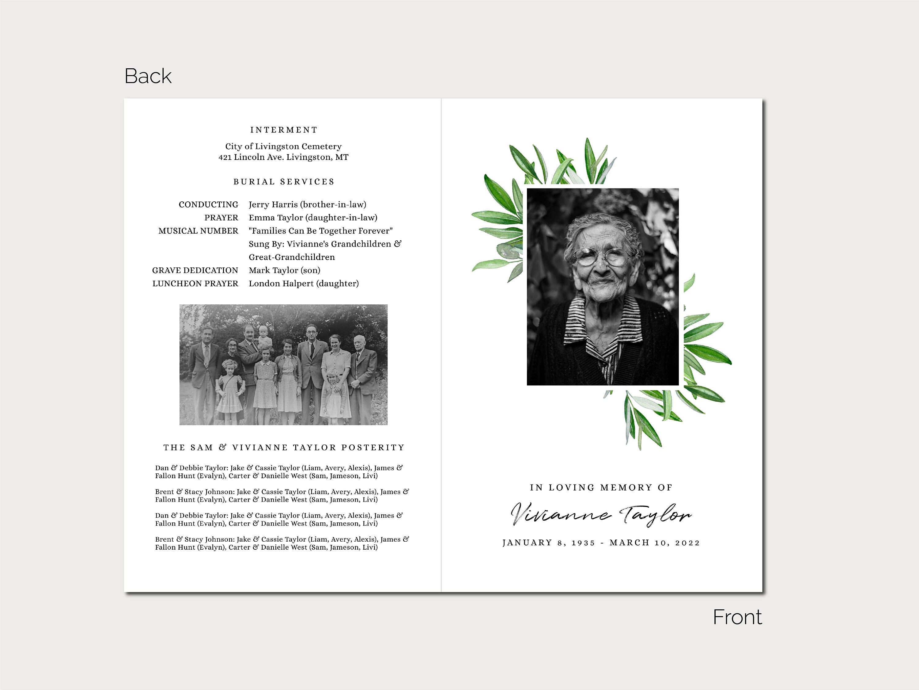 LDS Funeral Program, Greenery Memorial Service Program, Olive Branch ...