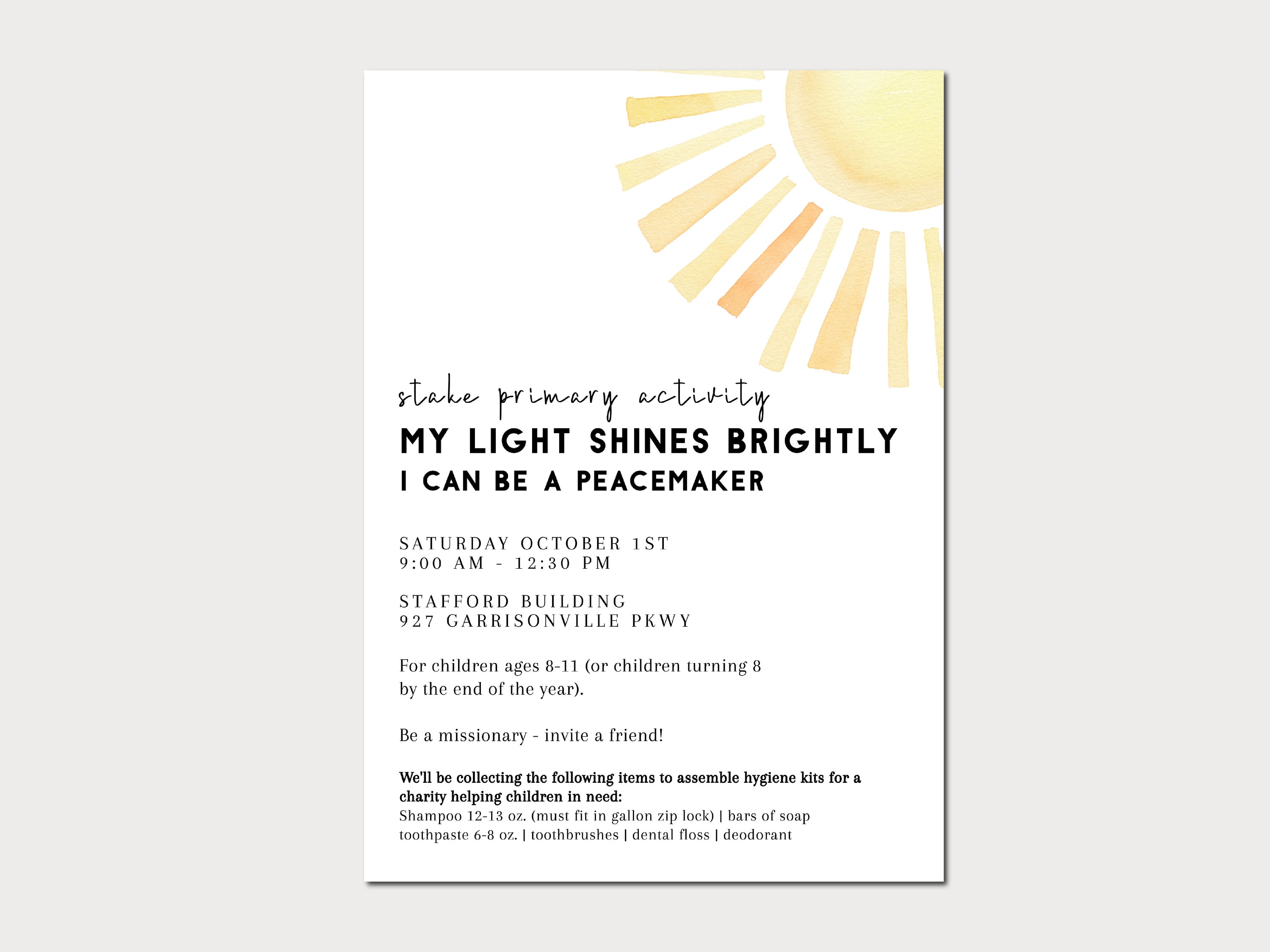 LDS Primary Activity Invitation | Sunshine Invite | Let Your Light ...