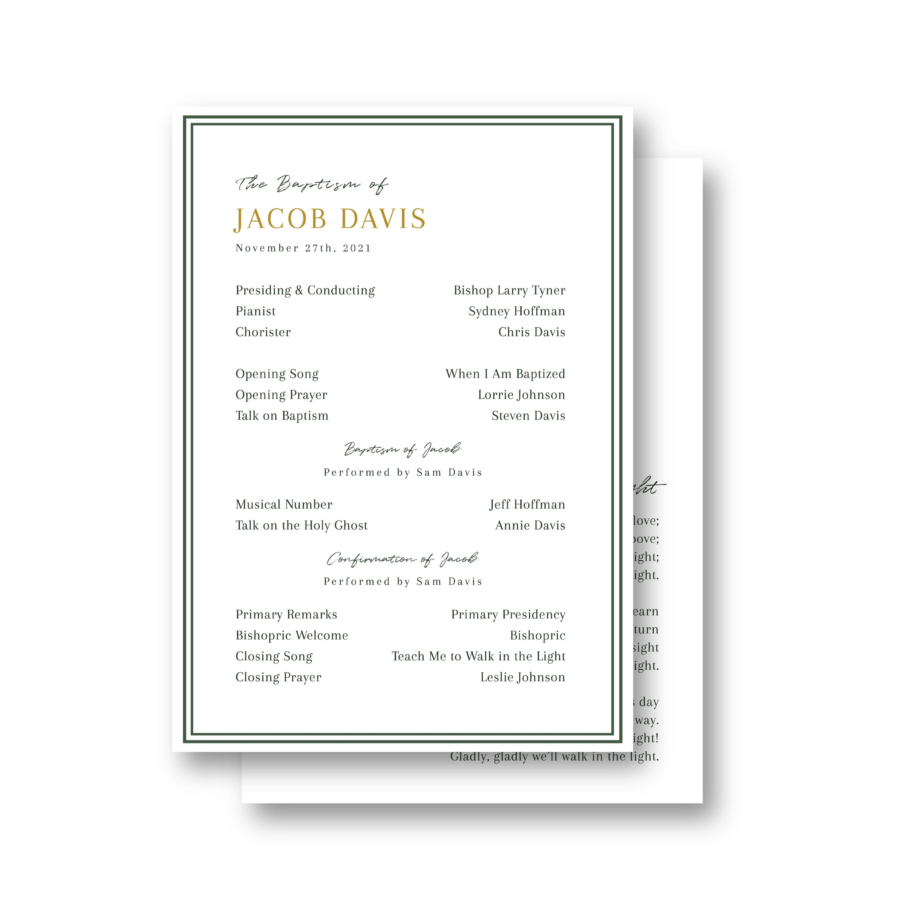 LDS Baptism Program Template Boy Green and Gold LDS Baptism Program Boy ...