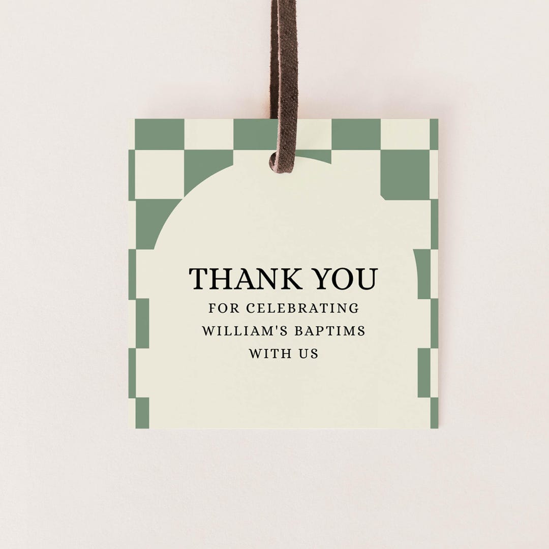 Sage Green Thank You Tag Boy LDS Baptism | Green and Cream Checkerboard ...