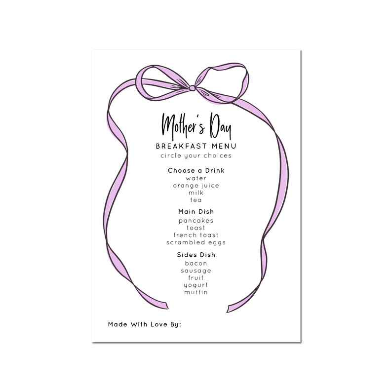 Mother's Day Breakfast Menu Printable Breakfast in Bed Menu Editable ...