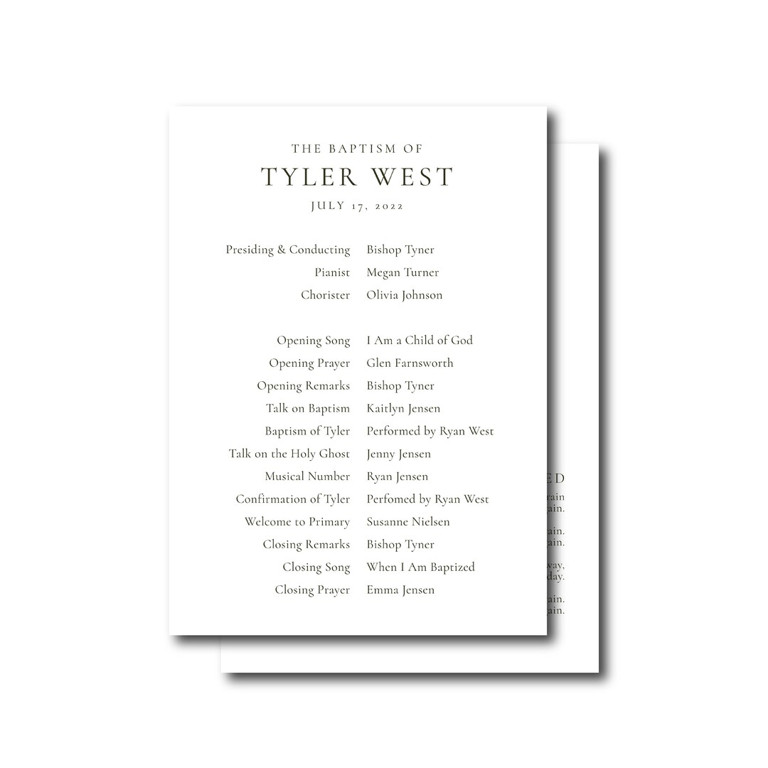 Simple, Modern, Editable LDS Baptism Program Template: 5X7 Instant ...