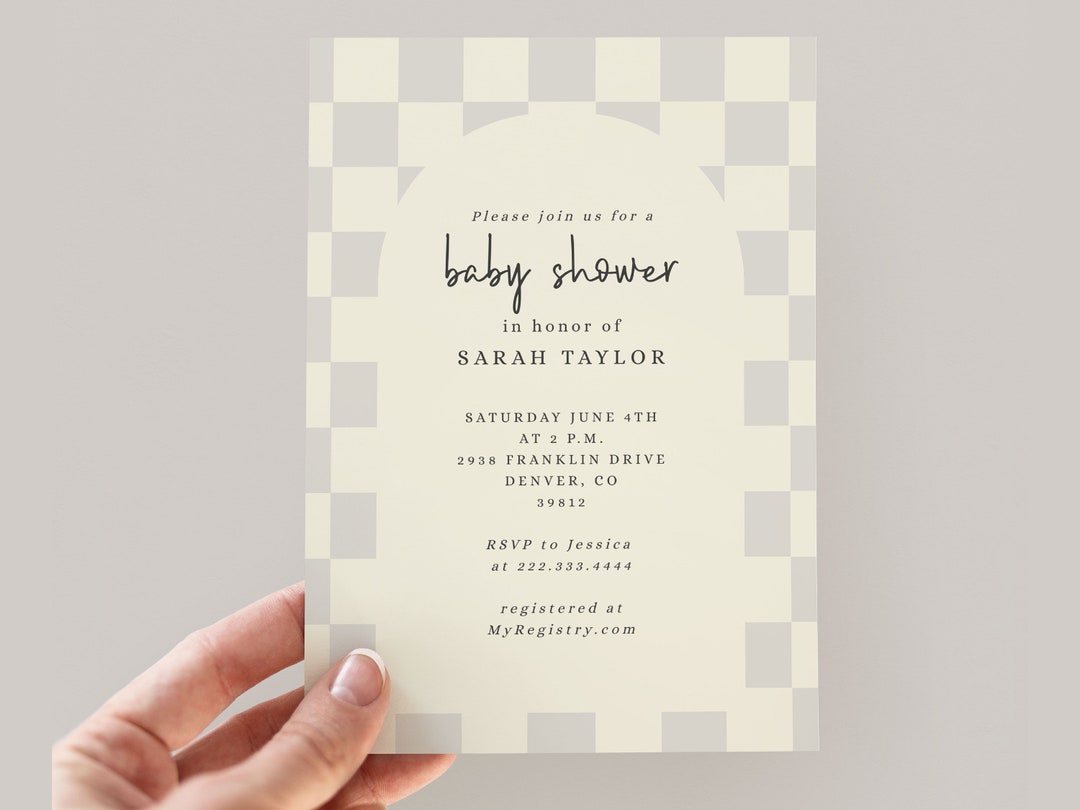 Neutral Checkers Baby Shower Invitation | Checkerboard Baby Shower ...