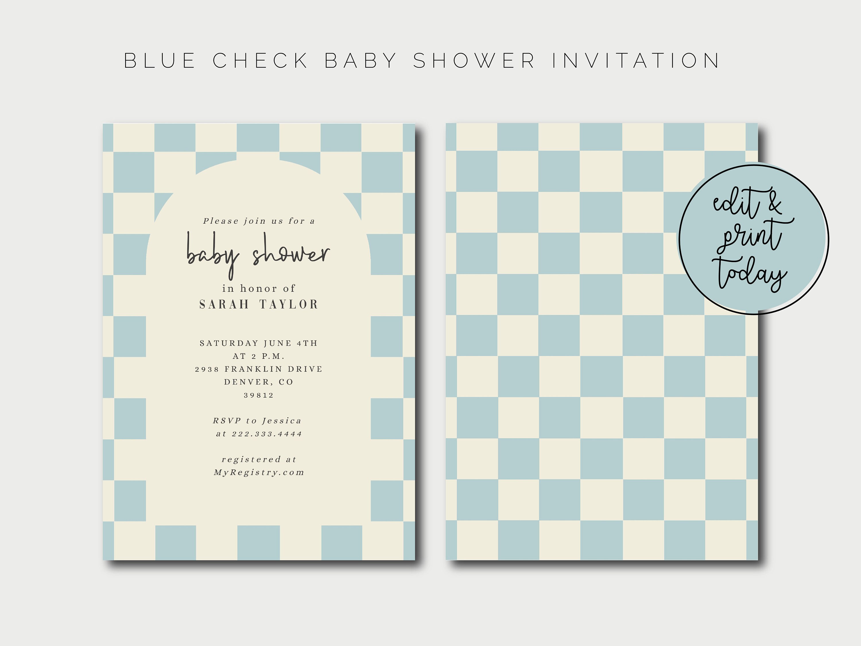 Blue Checker Baby Shower Invitation Retro Checkered Blue Baby Shower ...