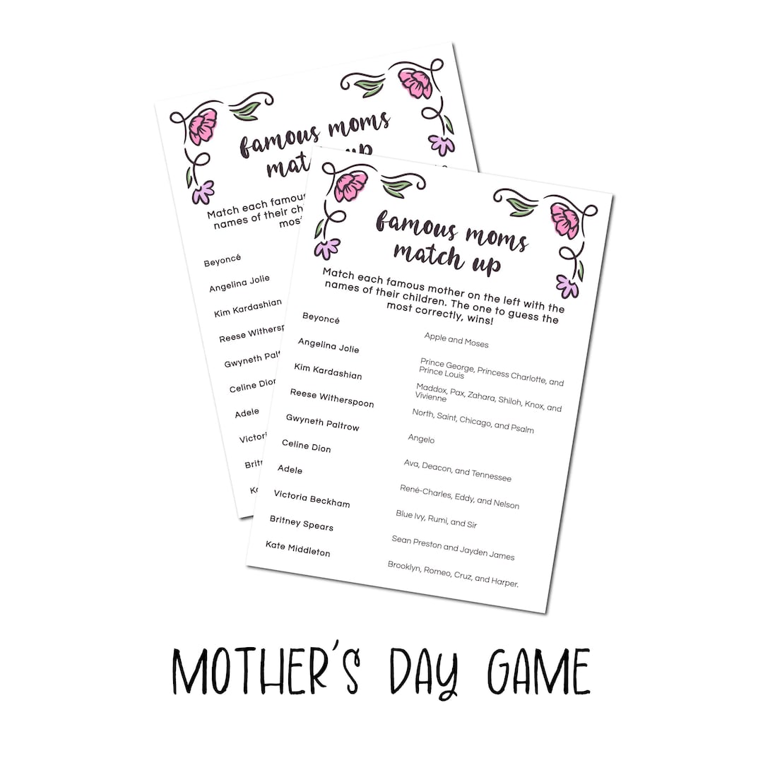 Mother's Day Games Printable Famous Moms Match up Game Instant Download ...