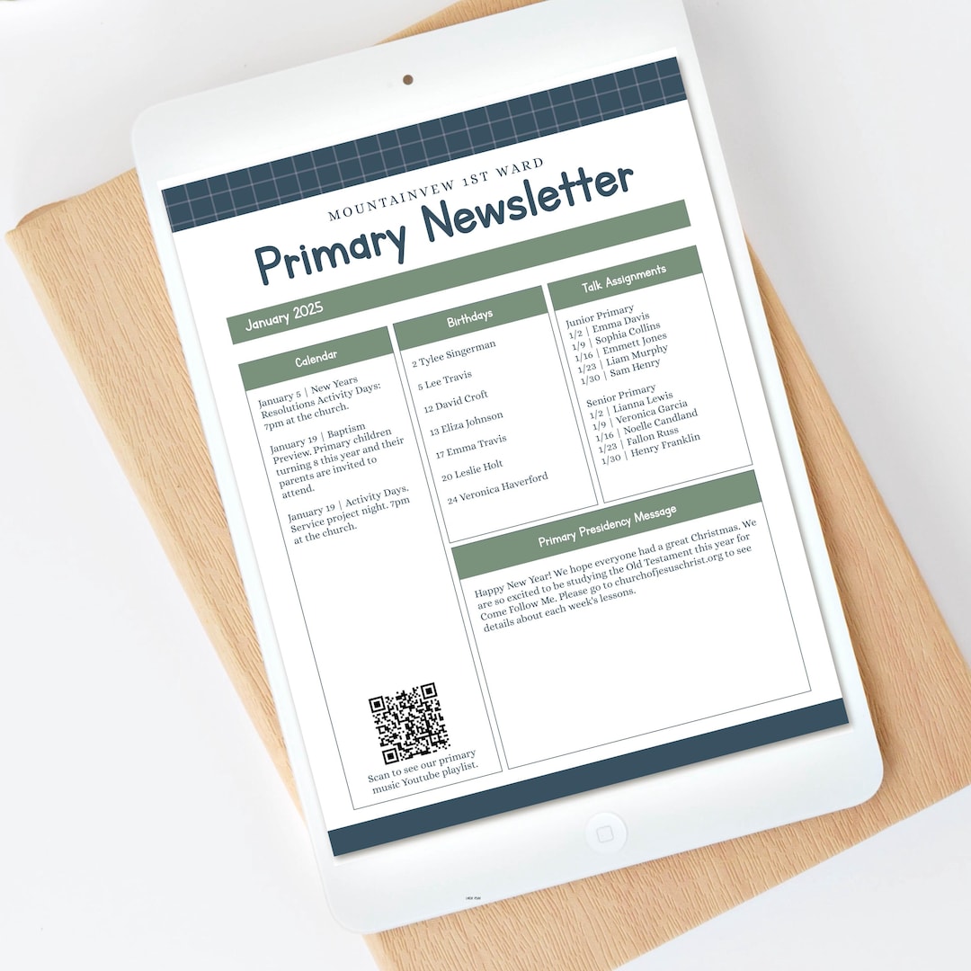 LDS Primary Newsletter Template | Printable LDS Newsletter Instant ...