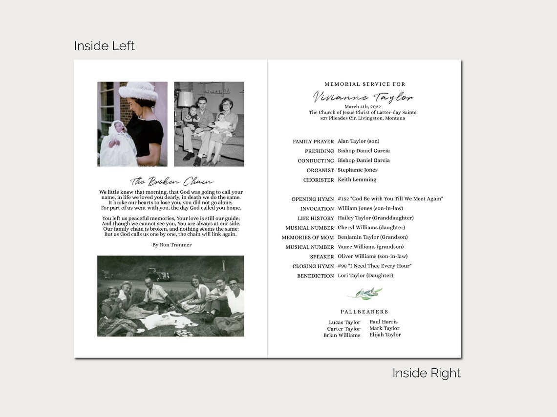 LDS Funeral Program, Greenery Memorial Service Program, Olive Branch ...