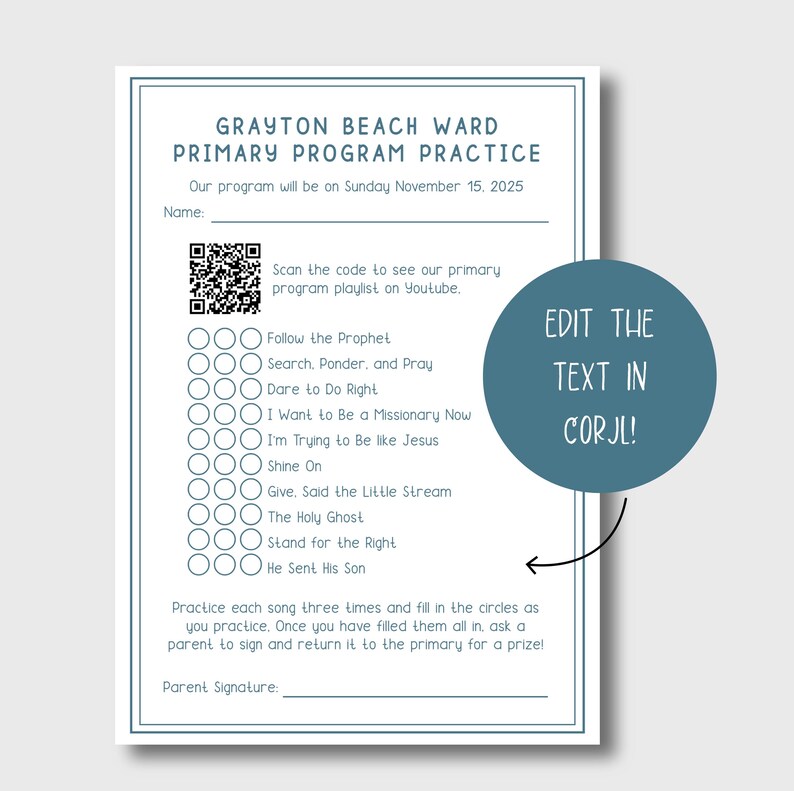 LDS Primary Program Practice Sheet, Primary Song Practice Log, Home ...
