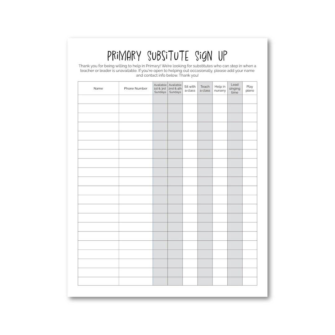 LDS Primary Substitute Sign up Sheet, Sub Primary Teacher Sign up Sheet ...