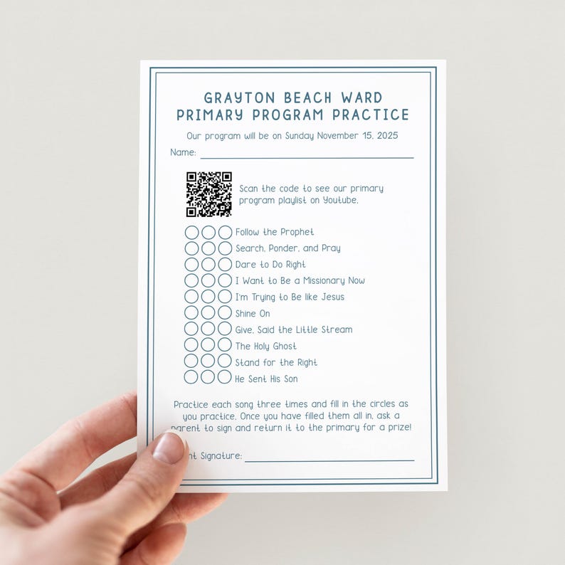 LDS Primary Program Practice Sheet, Primary Song Practice Log, Home ...