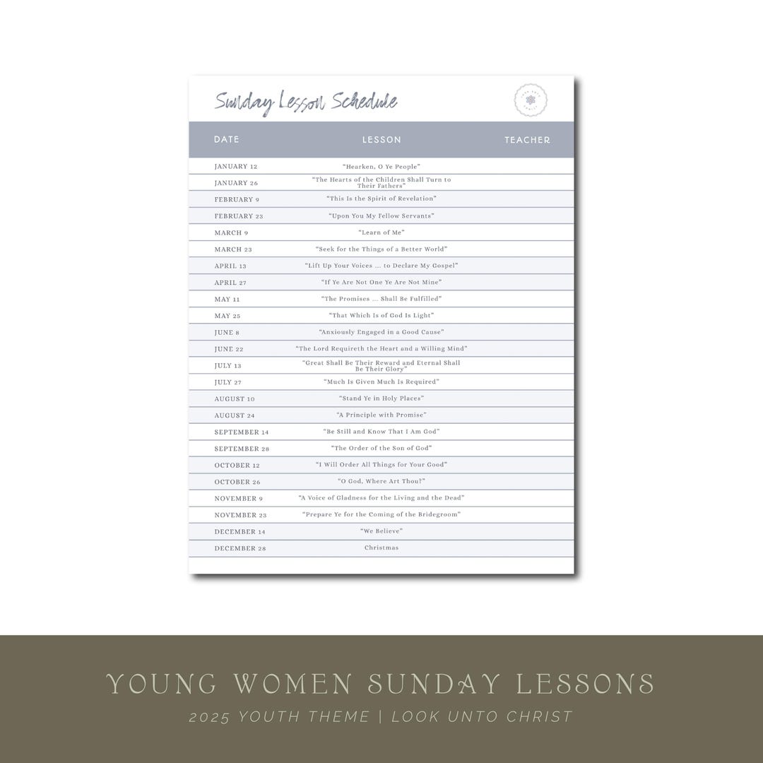 2025 LDS Young Women Sunday Lesson Schedule, LDS Young Women Printable ...