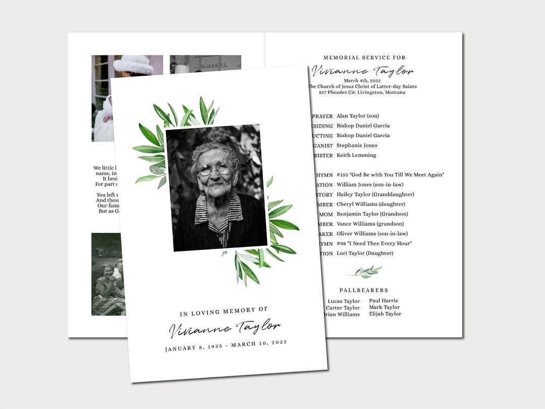 LDS Funeral Program, Greenery Memorial Service Program, Olive Branch ...
