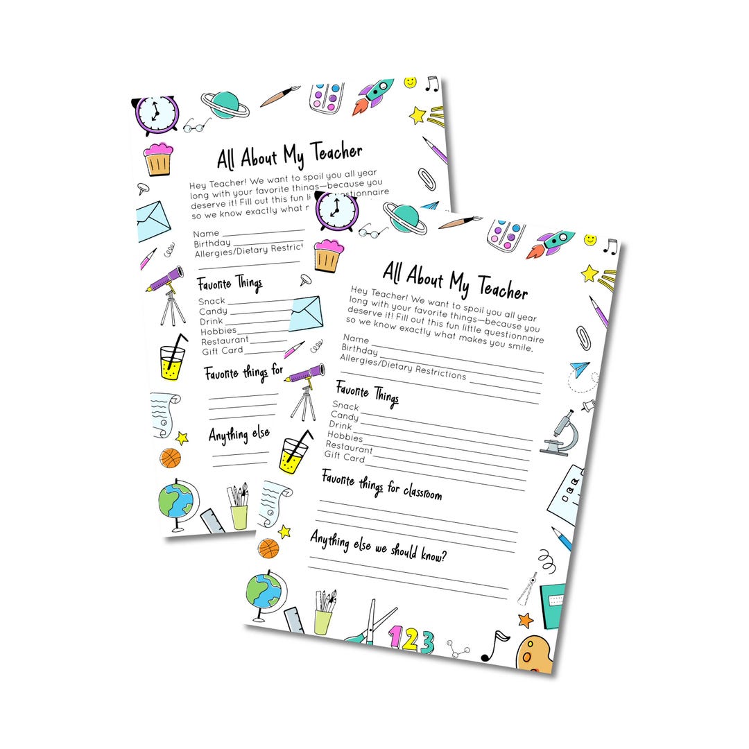 All About My Teacher Questionnaire, Getting to Know You Printable, Back ...