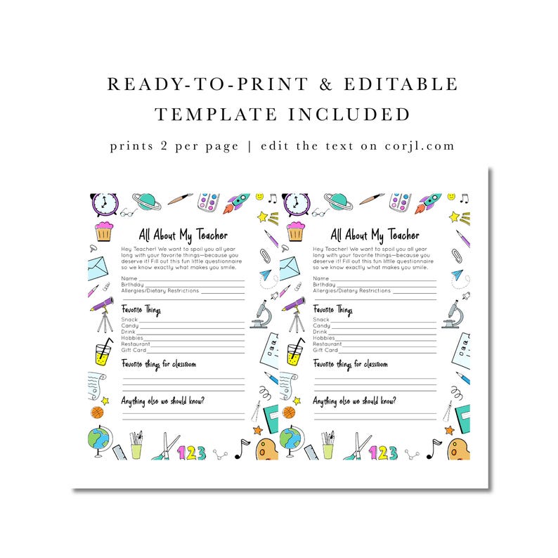 All About My Teacher Questionnaire, Getting to Know You Printable, Back ...