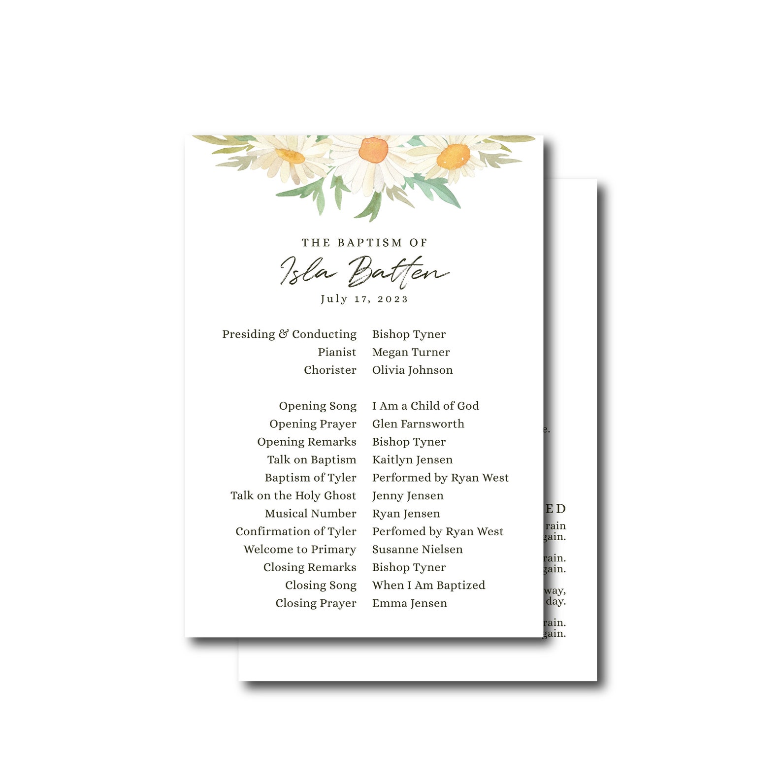 Daisy LDS Baptism Program | Girl Baptism Program Watercolor Daisies ...