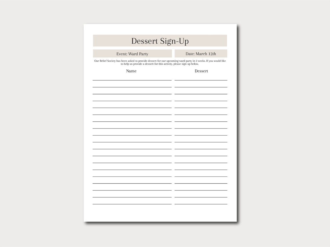 Sign up Sheet Template | 2 Sign up Forms | LDS Minimalist Sign up Sheet ...