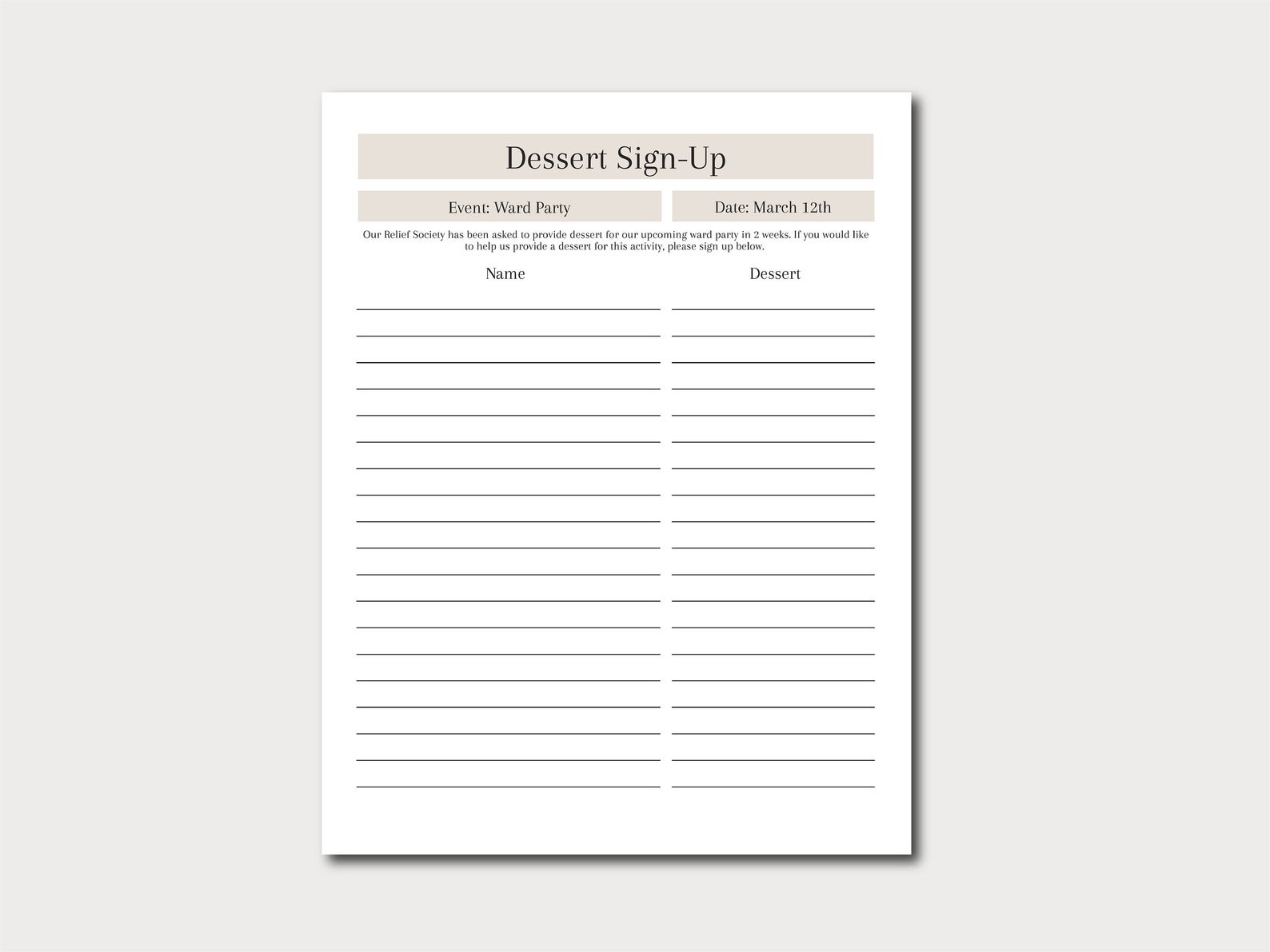 Sign up Sheet Template | 2 Sign up Forms | LDS Minimalist Sign up Sheet ...