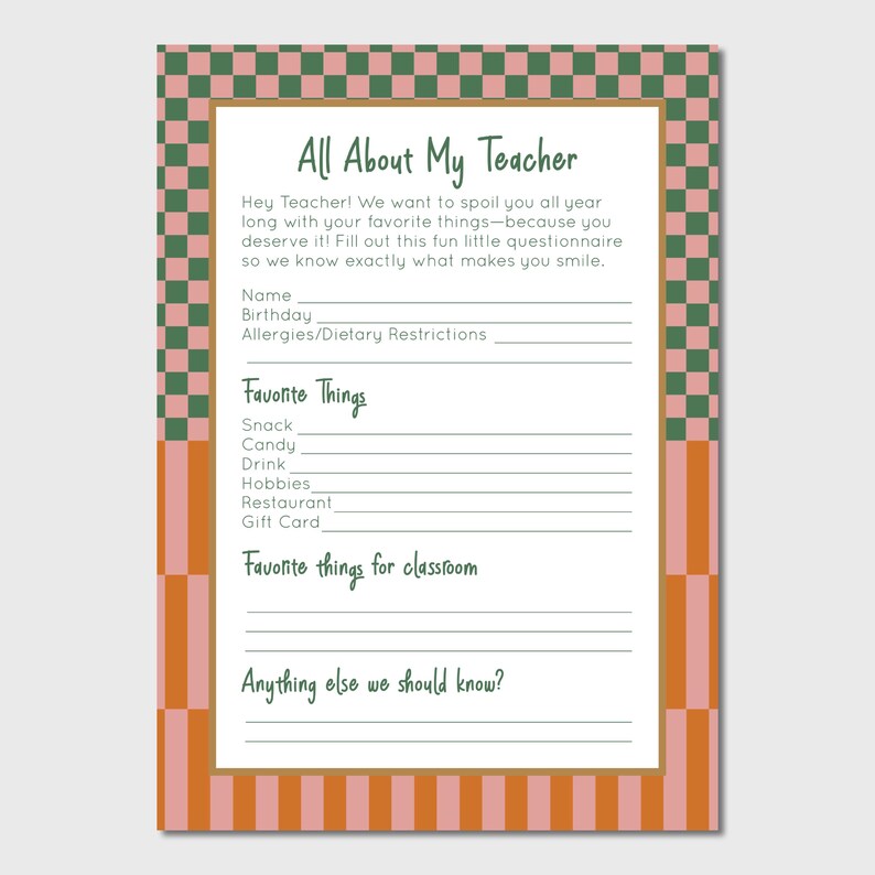 All About My Teacher Questionnaire, Getting to Know You Printable, Back ...