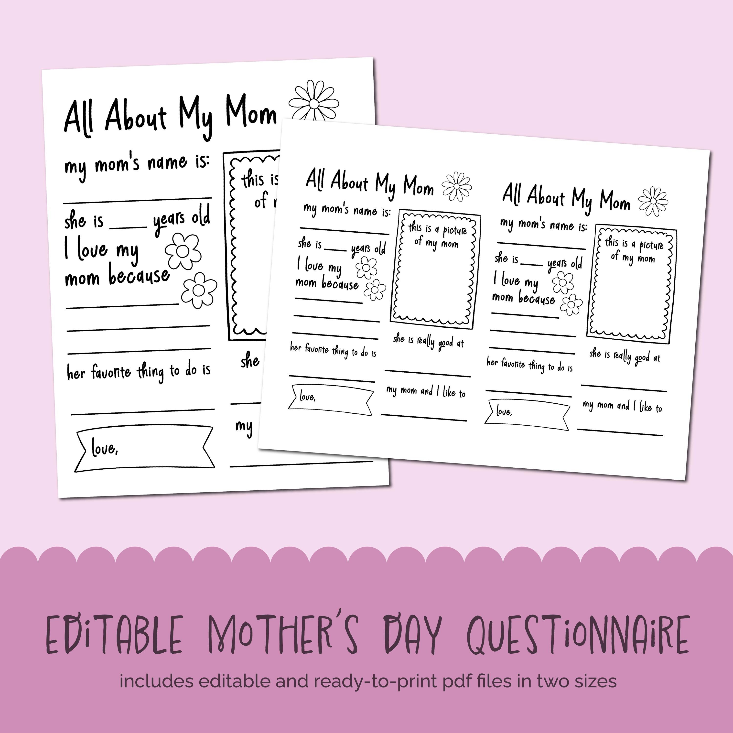 All About My Mom Editable Printable Mother's Day Activity for Kids DIY ...